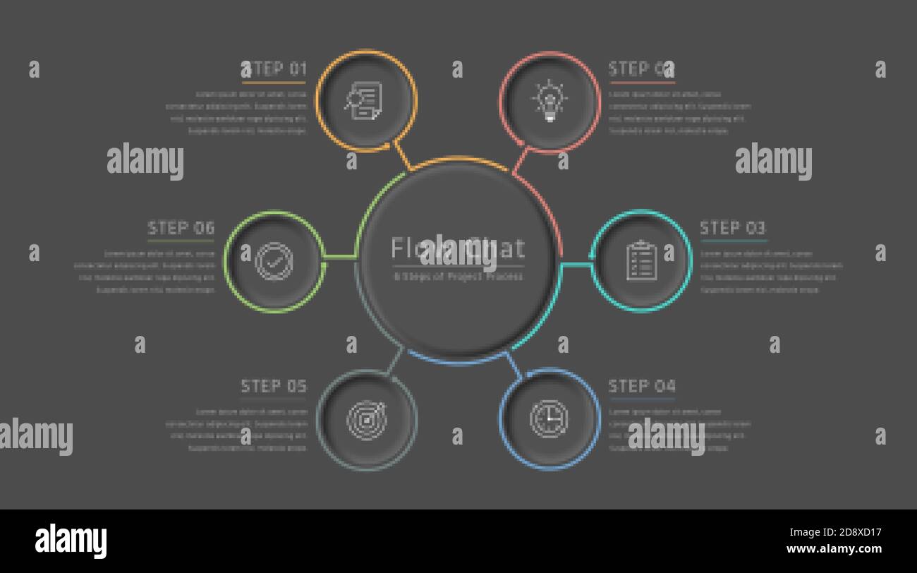 Circle chart template with 6 Steps of project process in dark gray ...