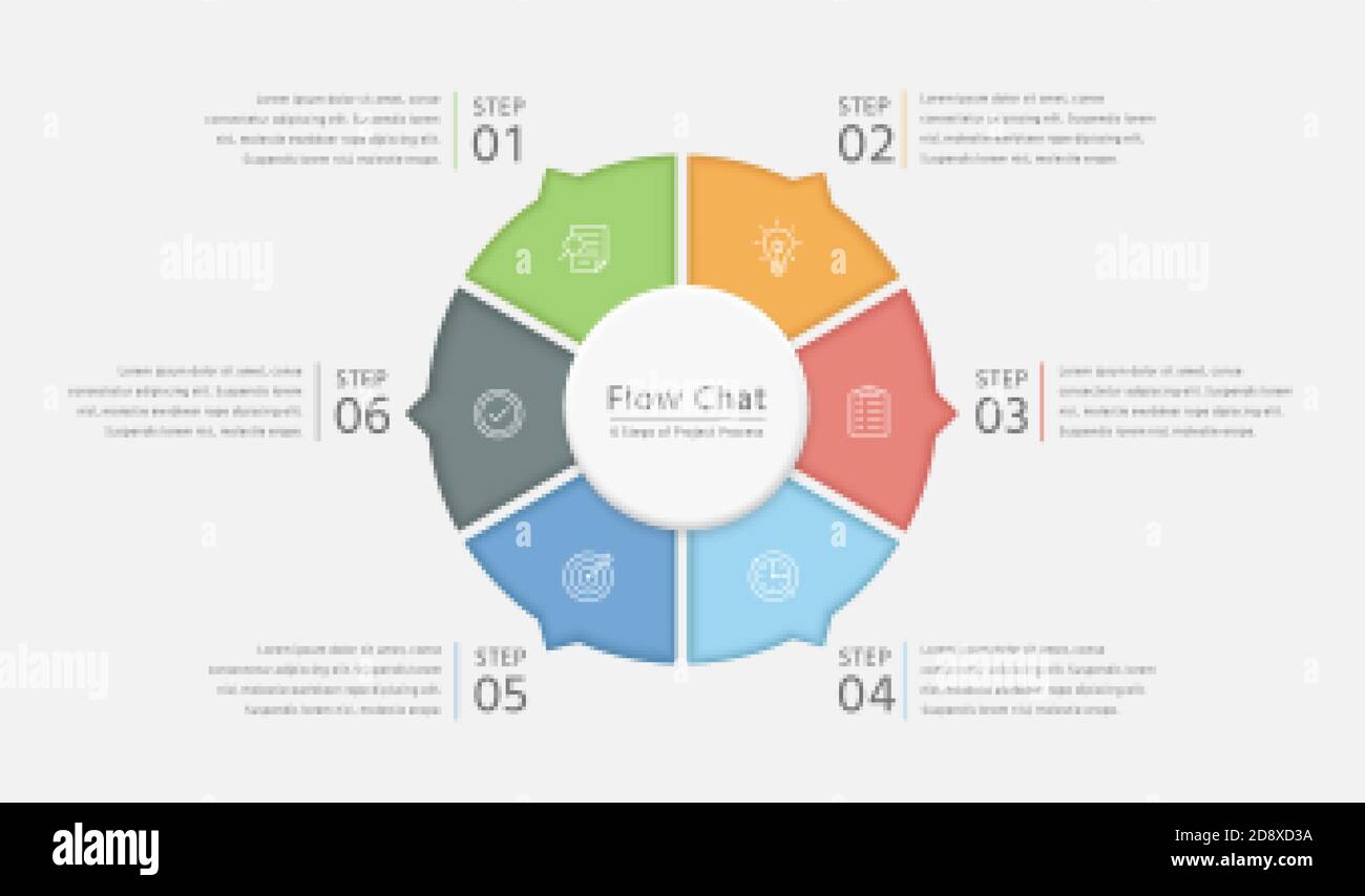 Circle chart infographic with 6 project process steps in colorful ...