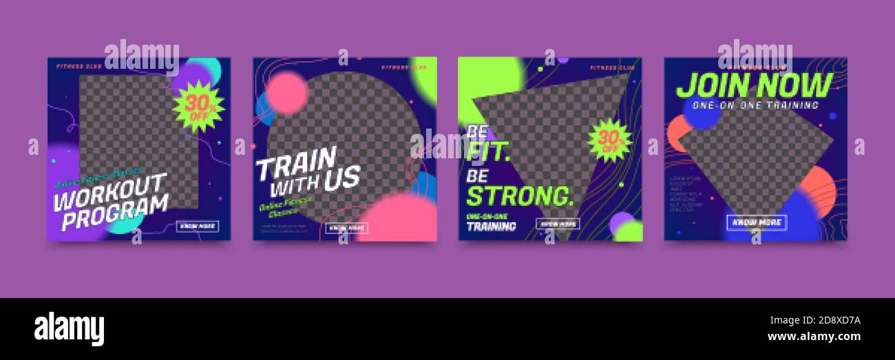 Fun social media template design with dark blue background, neon color ...