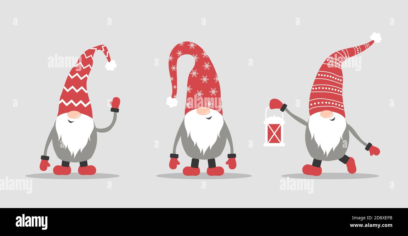 Cute gnomes in red santa hats on white background. Scandinavian ...