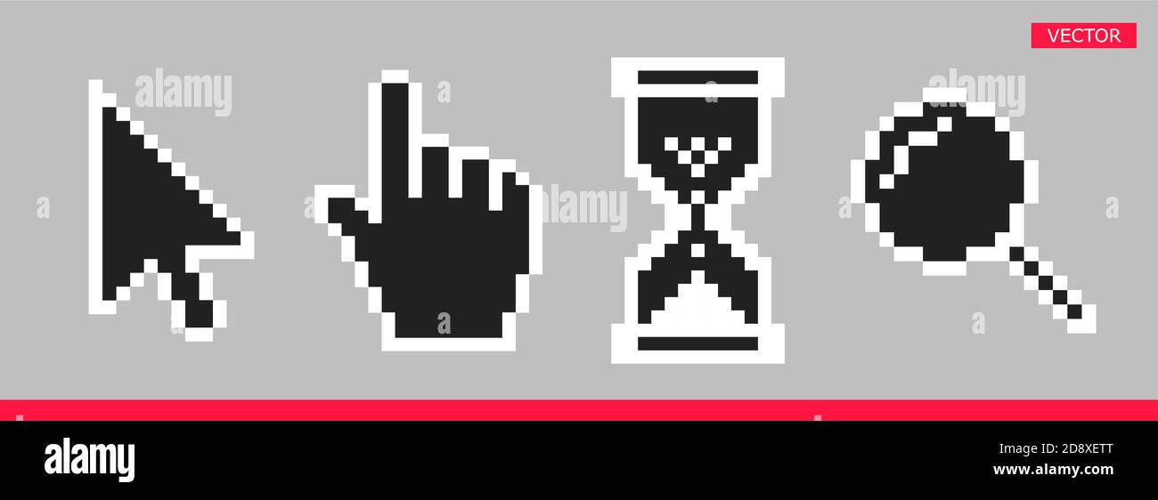 Black and white arrow, hand, magnifier and hourglass pixel mouse cursor ...