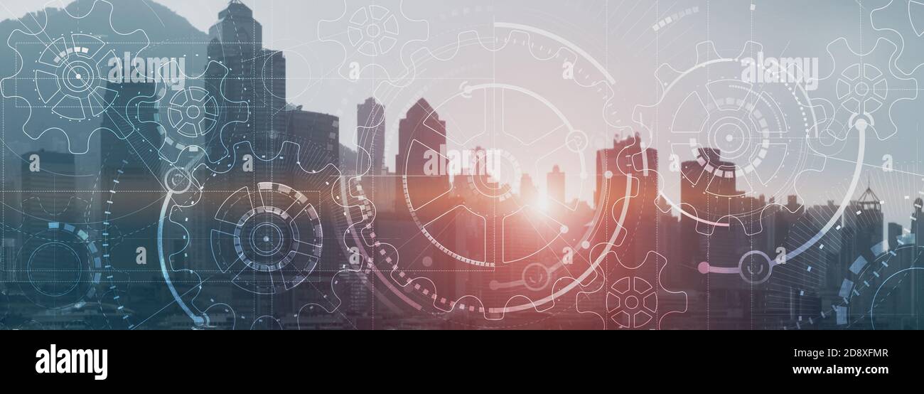 Business technology concept. Cogwheel Gears Mechanism with modern city ...