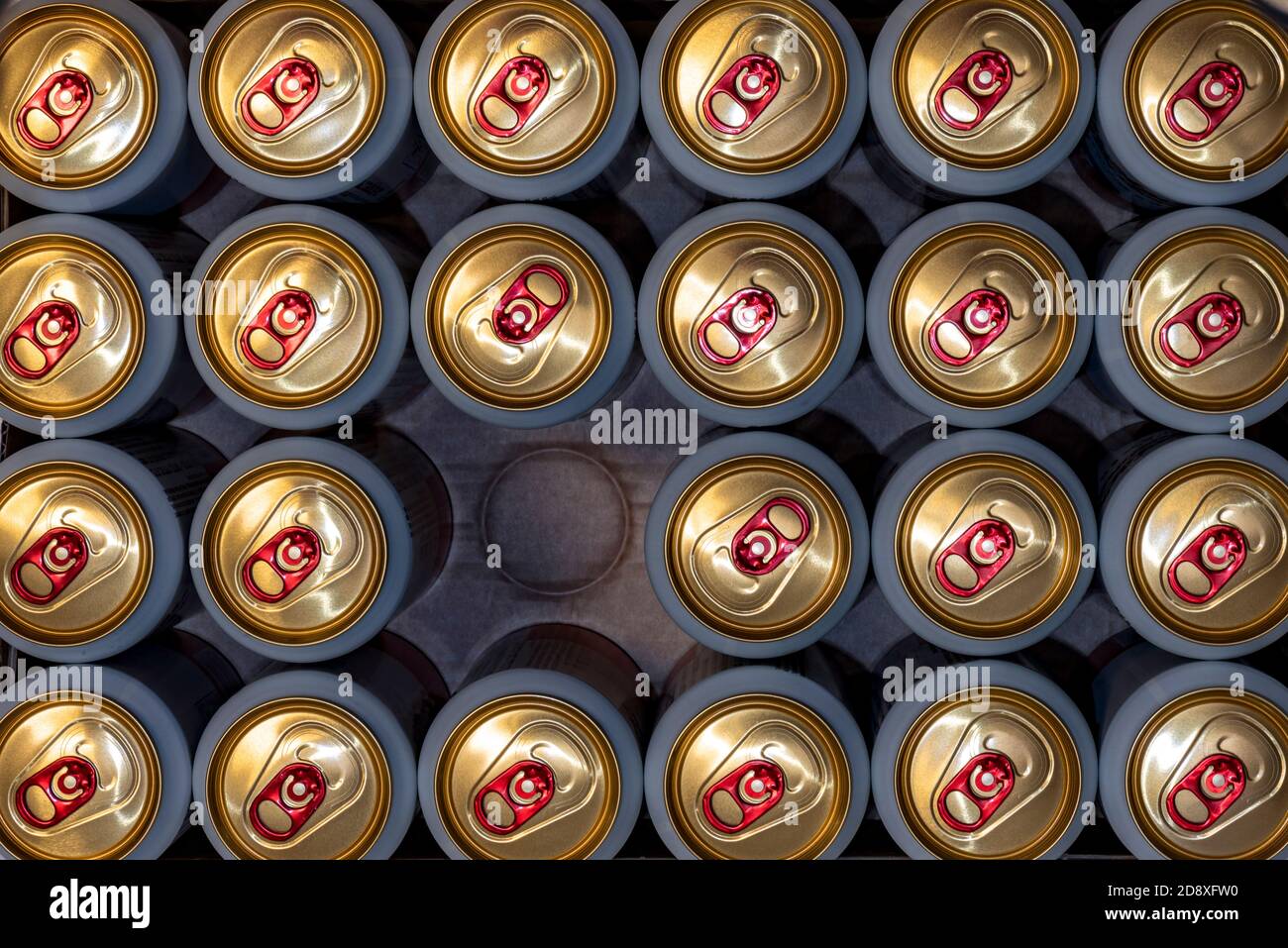 opened canned beer and many unopened Tin beer cans top view Stock Photo ...