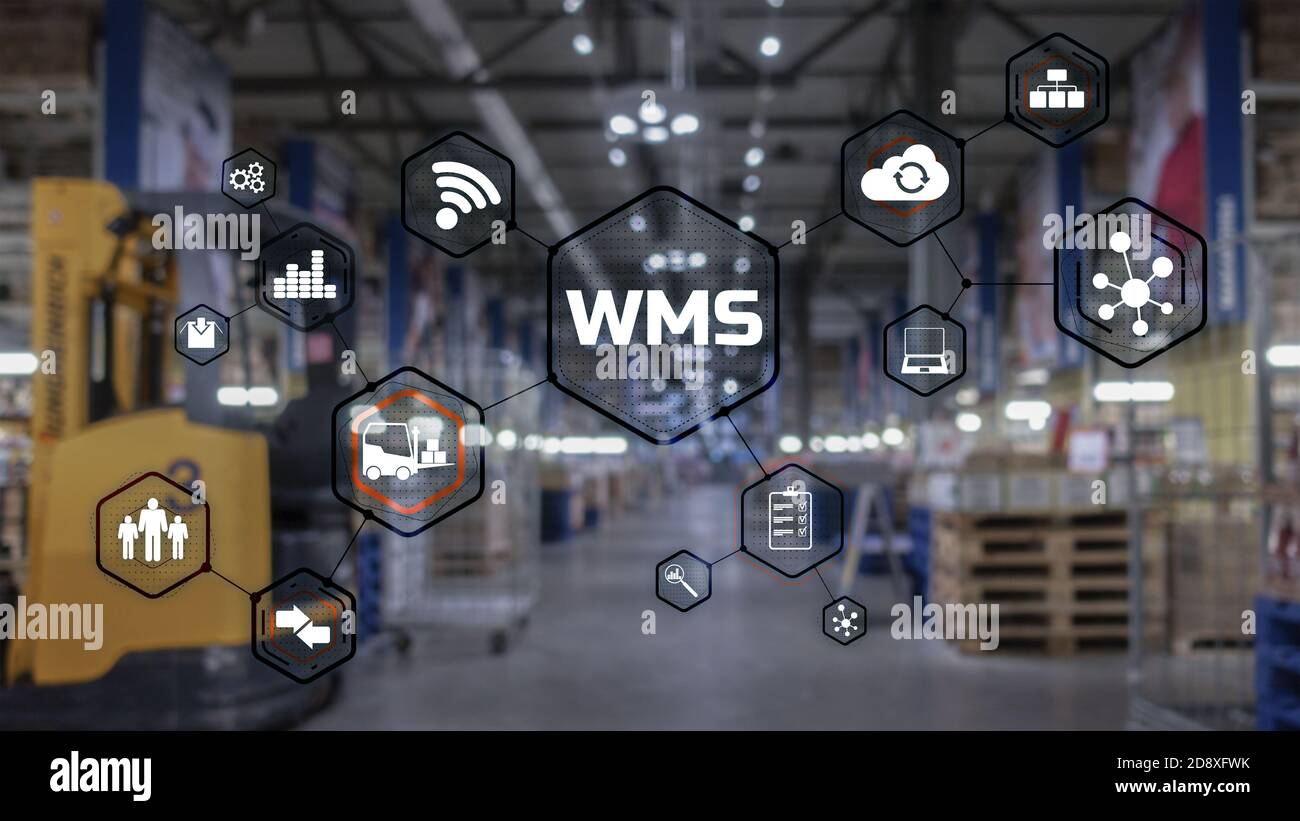 Inscription WMS on blurred warehouse background. Werehouse Management ...