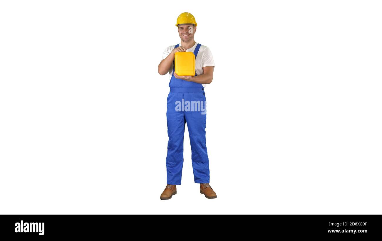 Full length shot. Construction worker advertising construction material ...