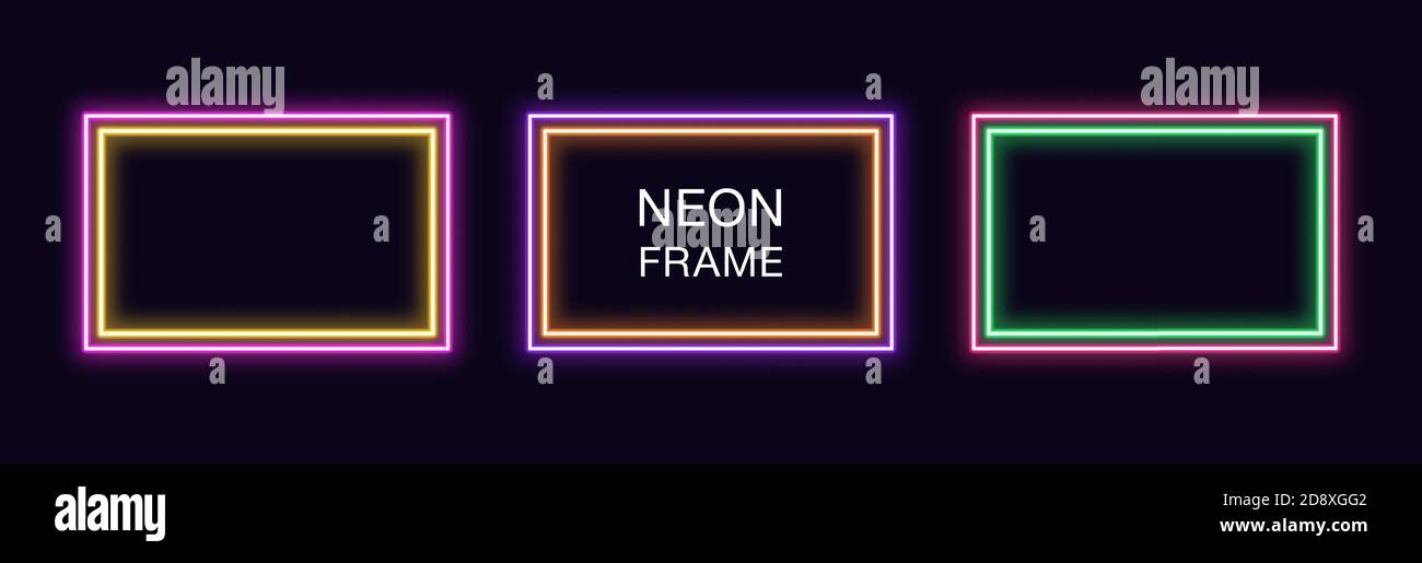 Neon rectangle Frame. Set of rectangular neon Border with double ...