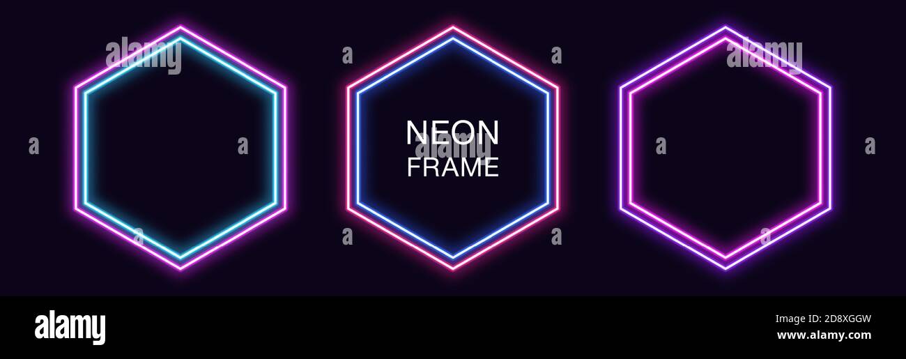 Neon hexagon Frame. Set of hexagonal neon Border with double outline ...