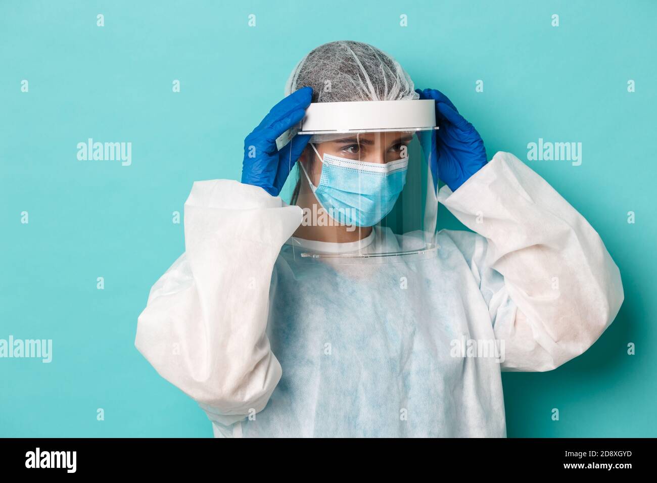 Concept of covid-19, pandemic and quarantine. Close-up of serious ...