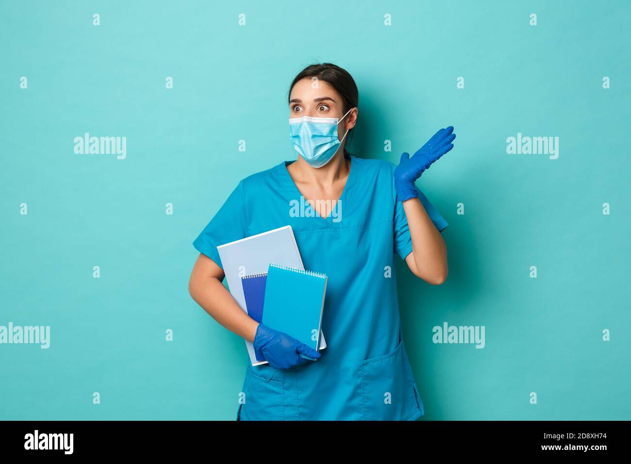 Covid-19, pandemic and medicine concept. Image of surprised female ...