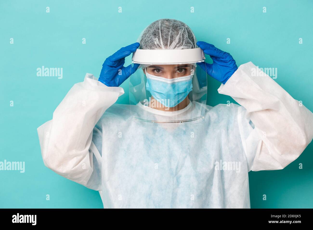 Concept of covid-19, pandemic and quarantine. Close-up of serious ...