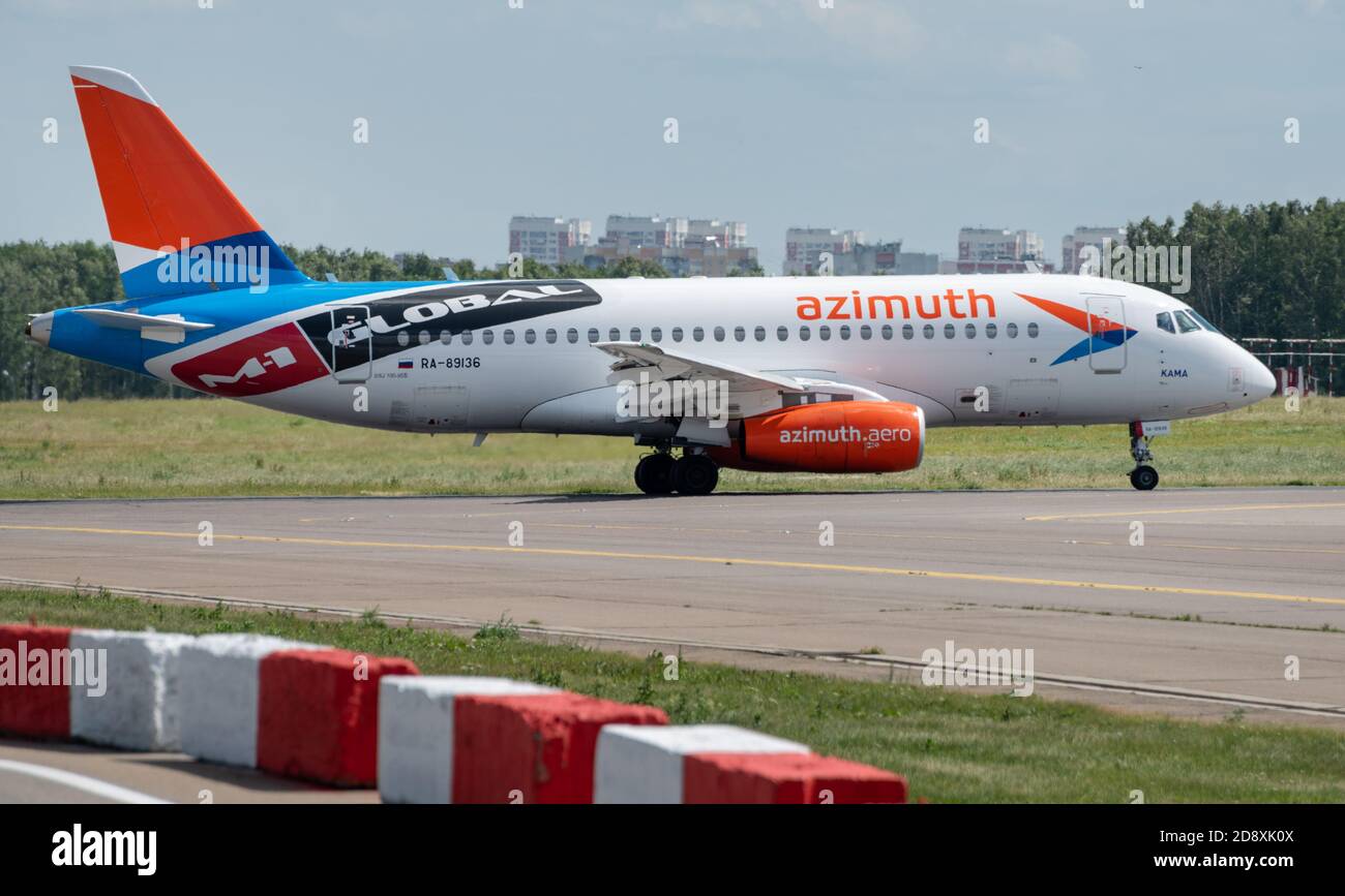 July 2, 2019, Moscow, Russia. Airplane Sukhoi Superjet 100 Azimuth ...