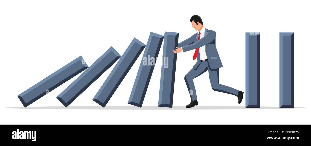 Businessman stopping domino effect. Business man stops falling dominoes ...