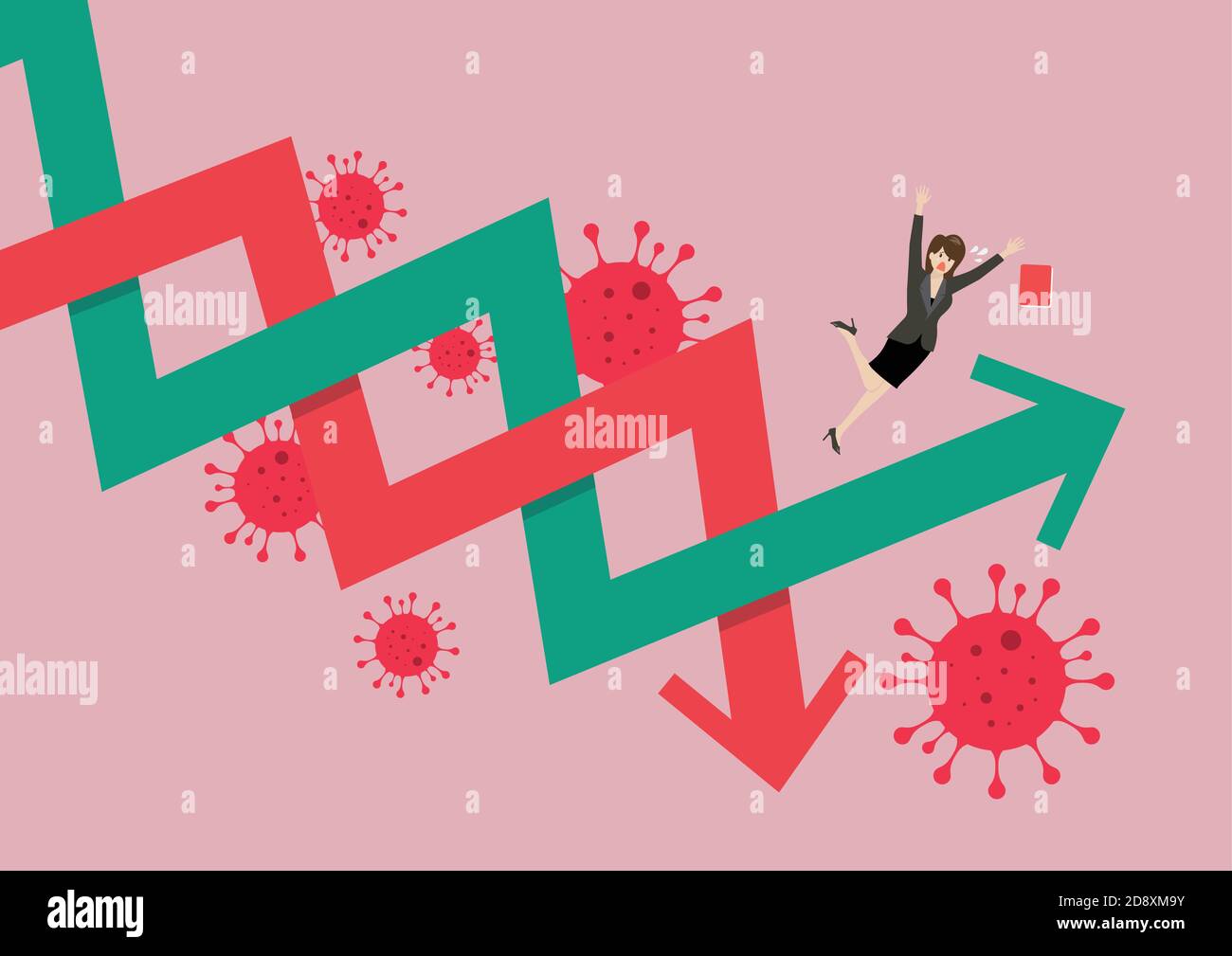 Business woman losing his balance on stock market fluctuation arrow. Graph up and Graph down ...