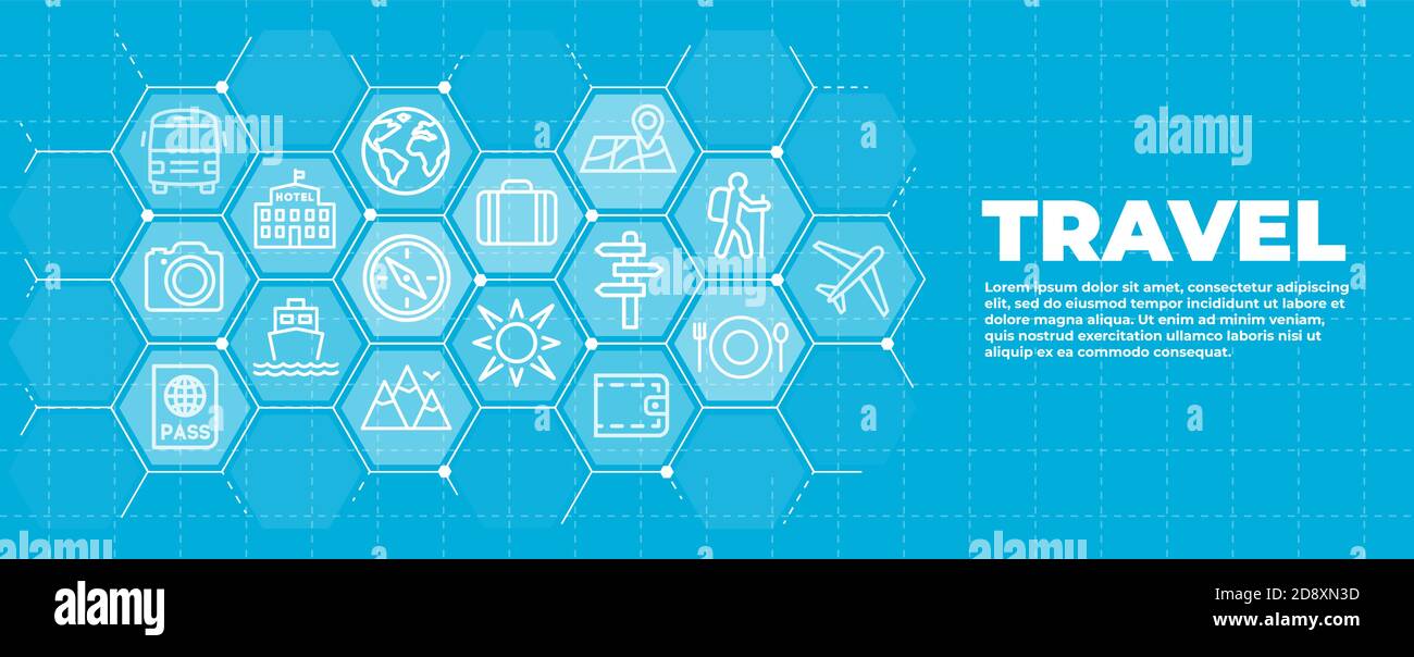 Travel and tourism blue background with icons and signs Stock Vector ...
