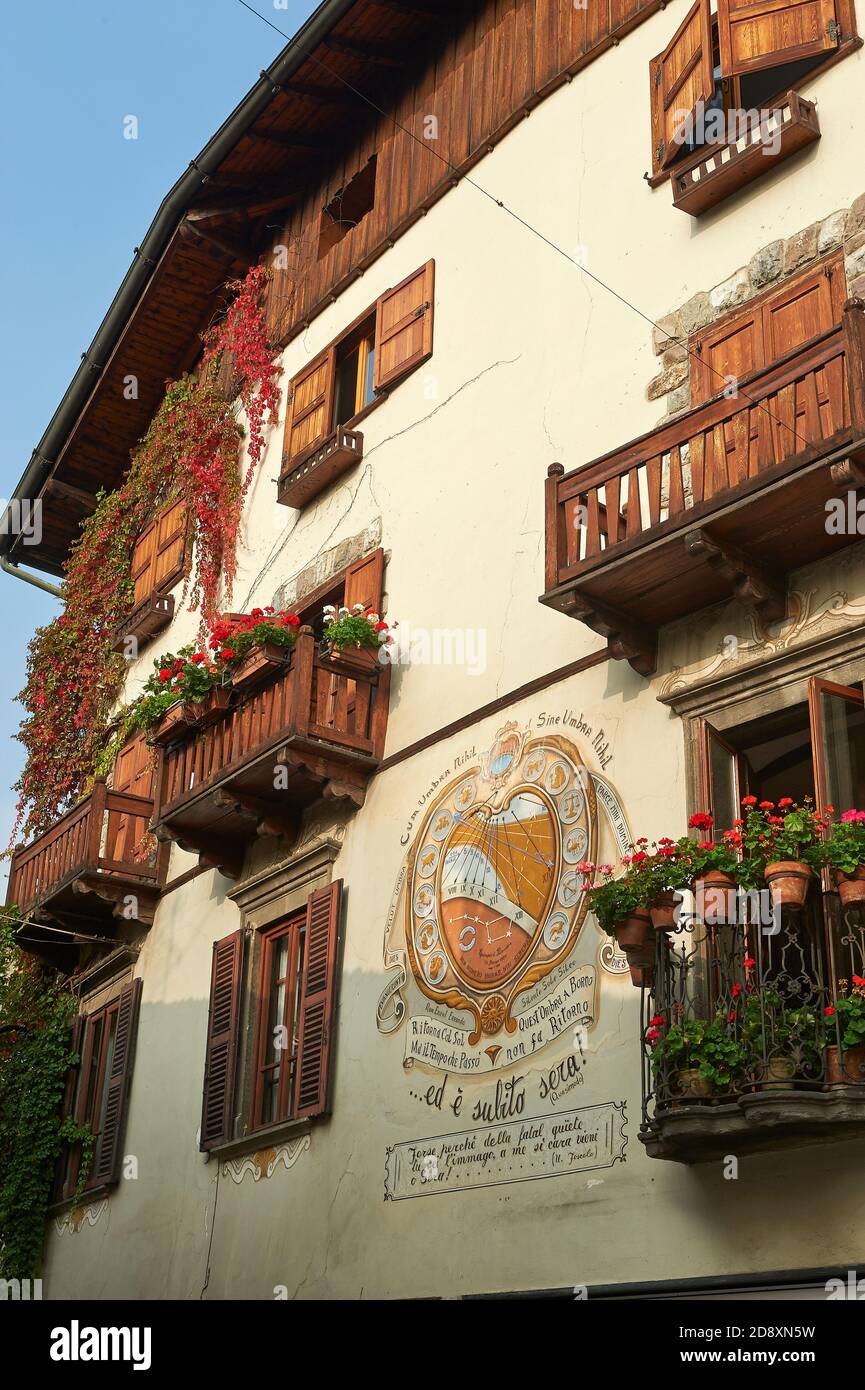 Borno (Bs), Valcamonica, Italy, a detail of a house with a unusual ...
