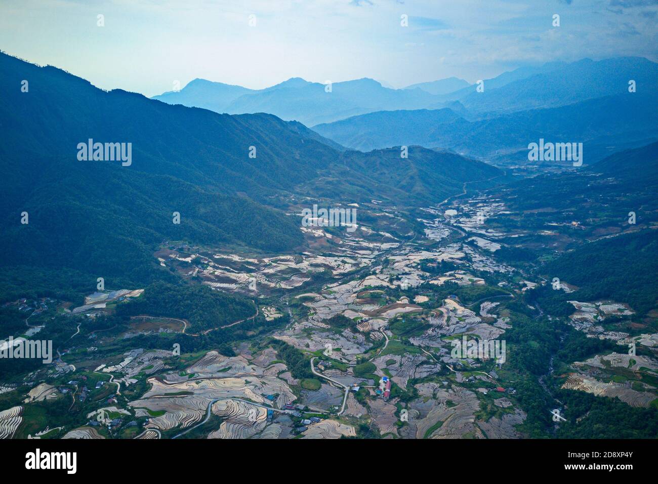 Aerial view of rice terraces in mountainous region of Y Ty, Vietnam ...