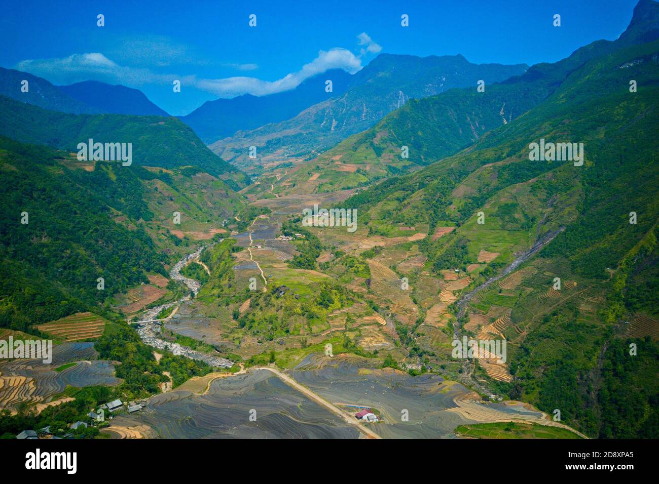 Aerial view of rice terraces in mountainous region of Y Ty, Vietnam ...