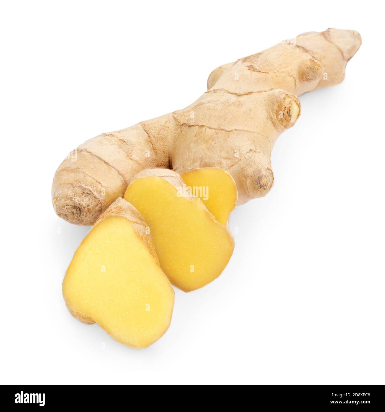 Fresh Ginger root and slice isolated on white background. Top view ...