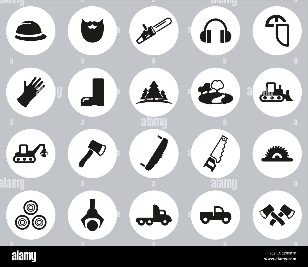 Lumberjack Or Logger Icons Black & White Flat Design Circle Set Big ...