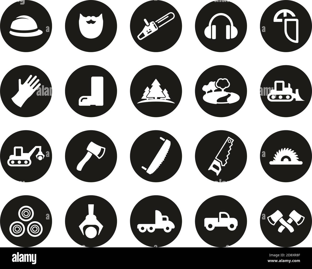 Lumberjack Or Logger Icons White On Black Flat Design Circle Set Big ...