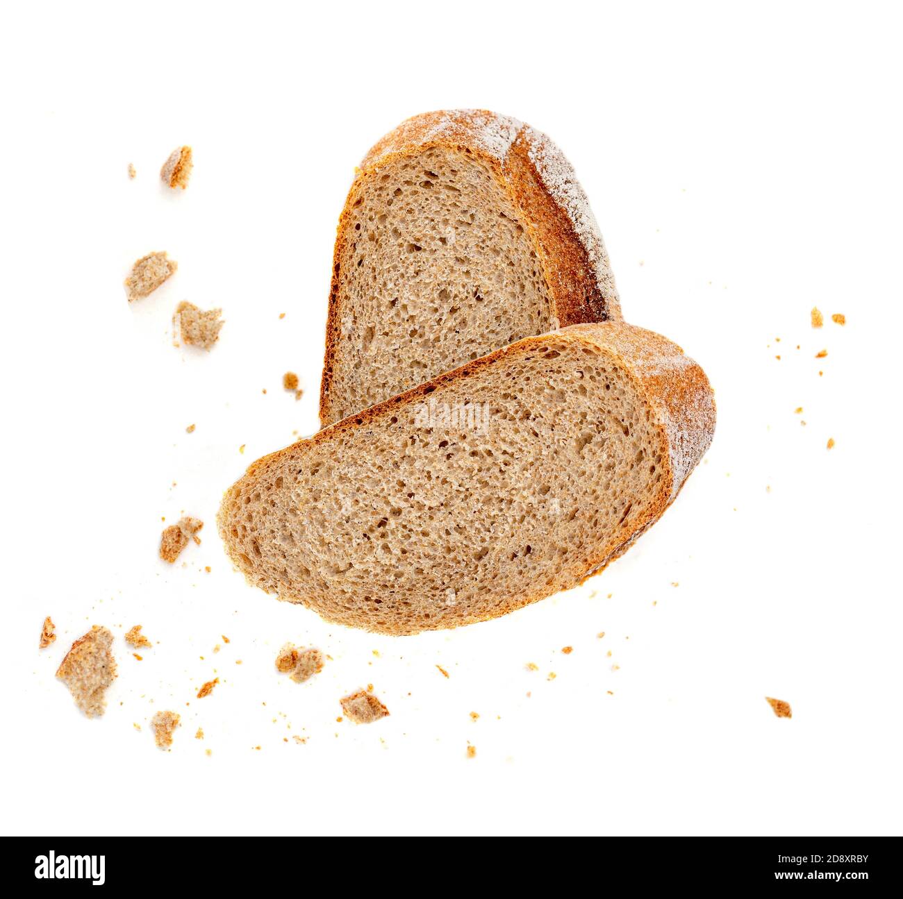 Bread slices and crumbs isolated on white background. Top view Stock ...