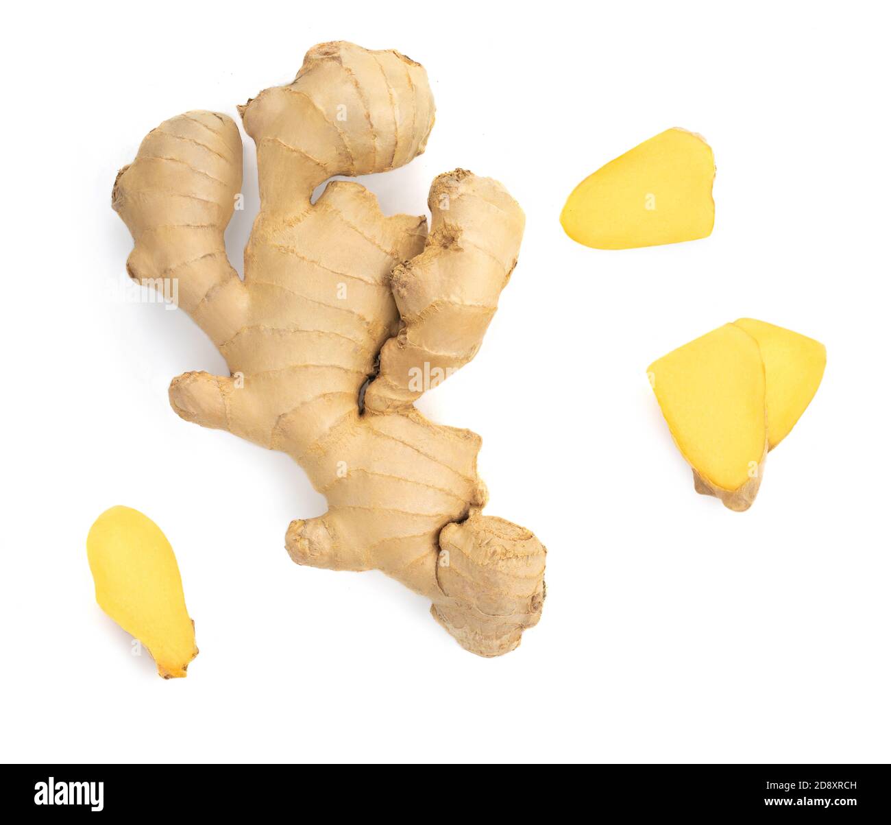 Fresh Ginger root and slice isolated on white background. Top view ...