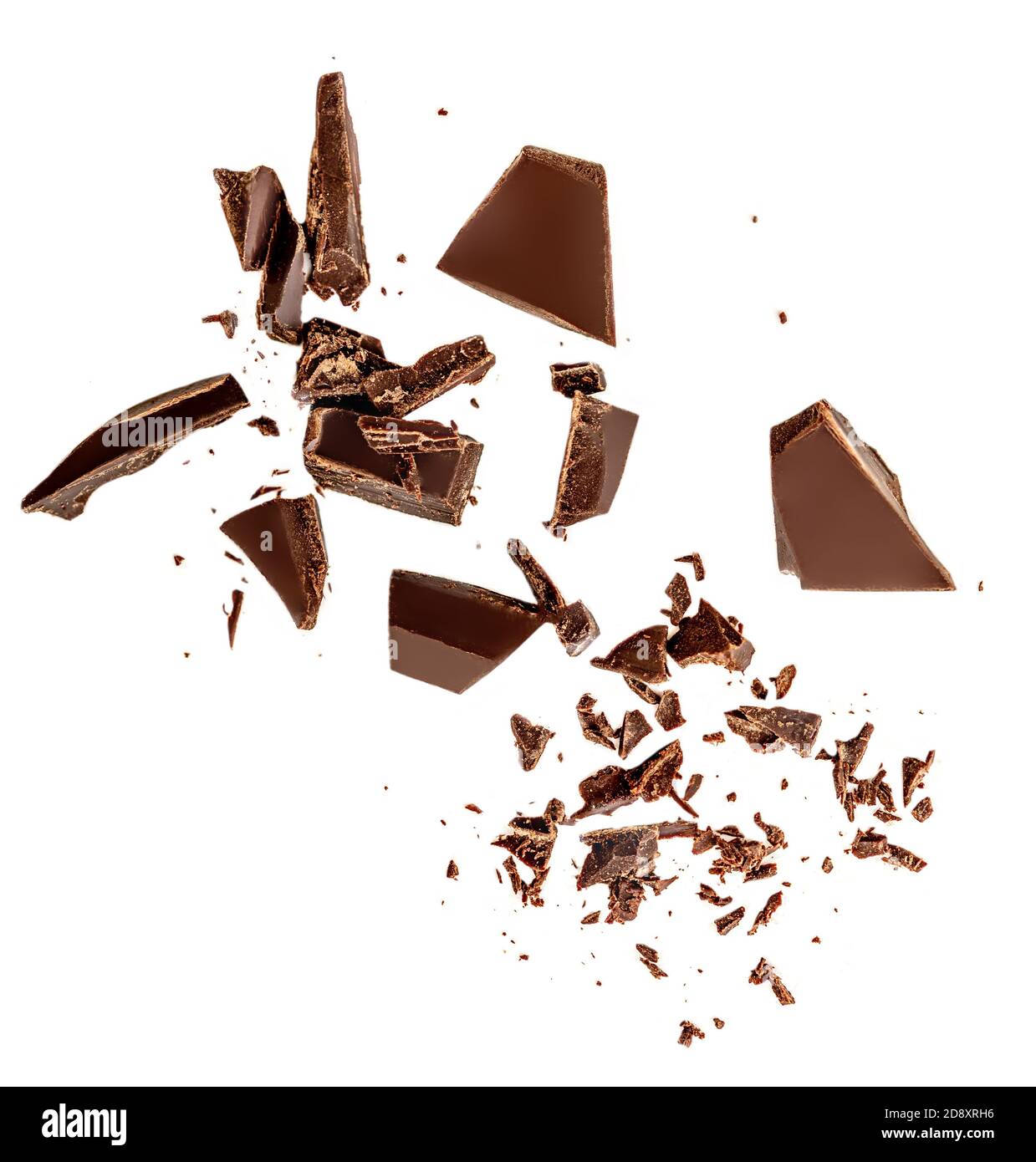 Flying Dark chocolate pieces isolated on white background. Chocolate ...
