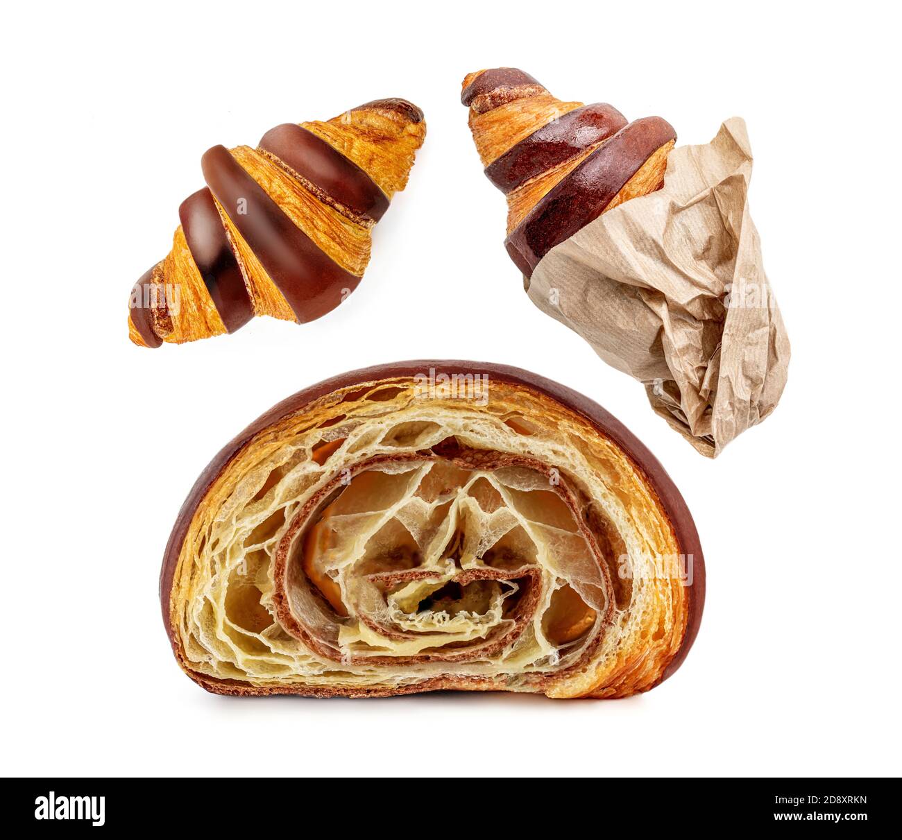Sliced chocolate croissant isolated on white background. Close up ...