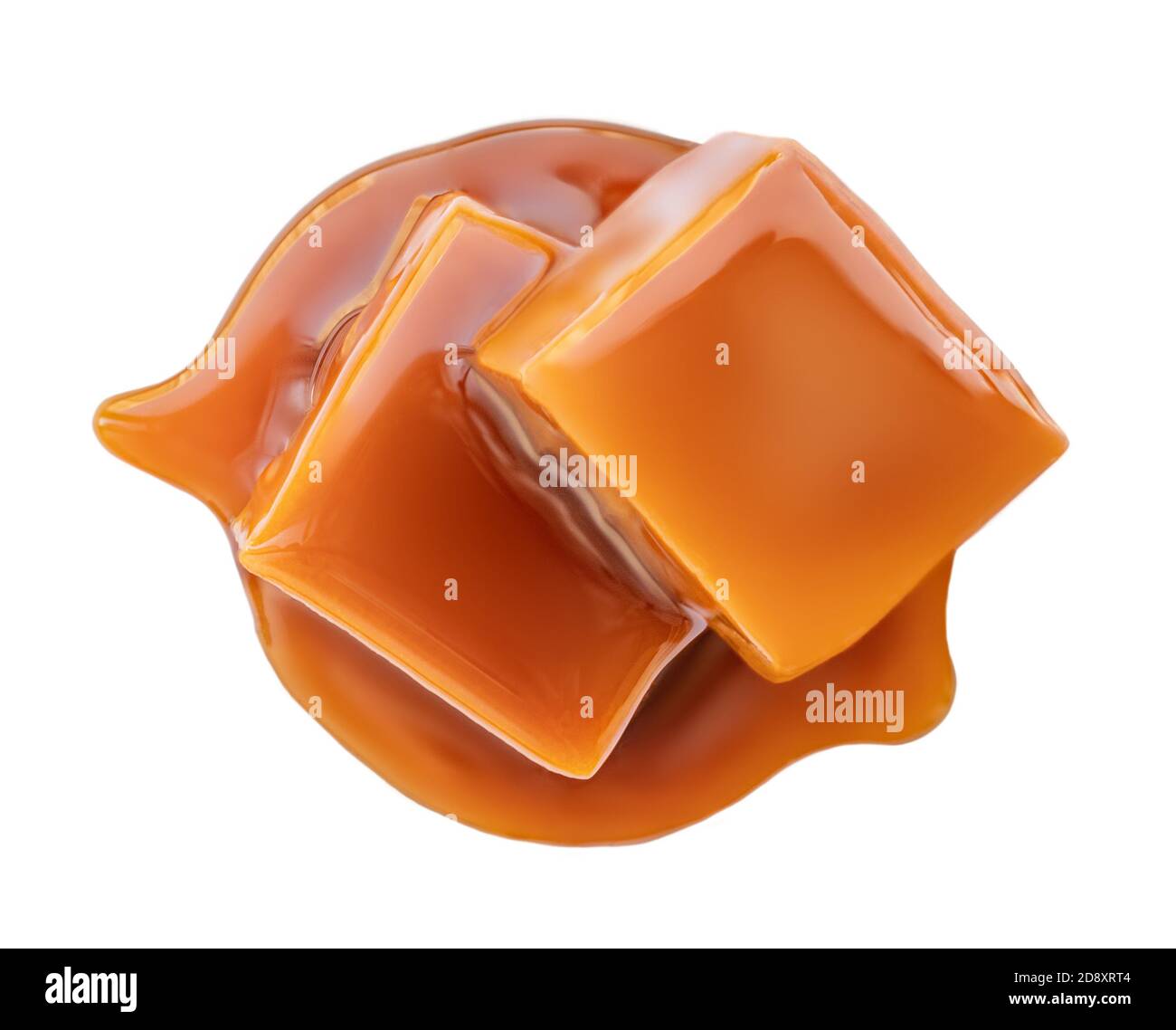 Delicious caramel candies and sauce isolated on white background, top ...