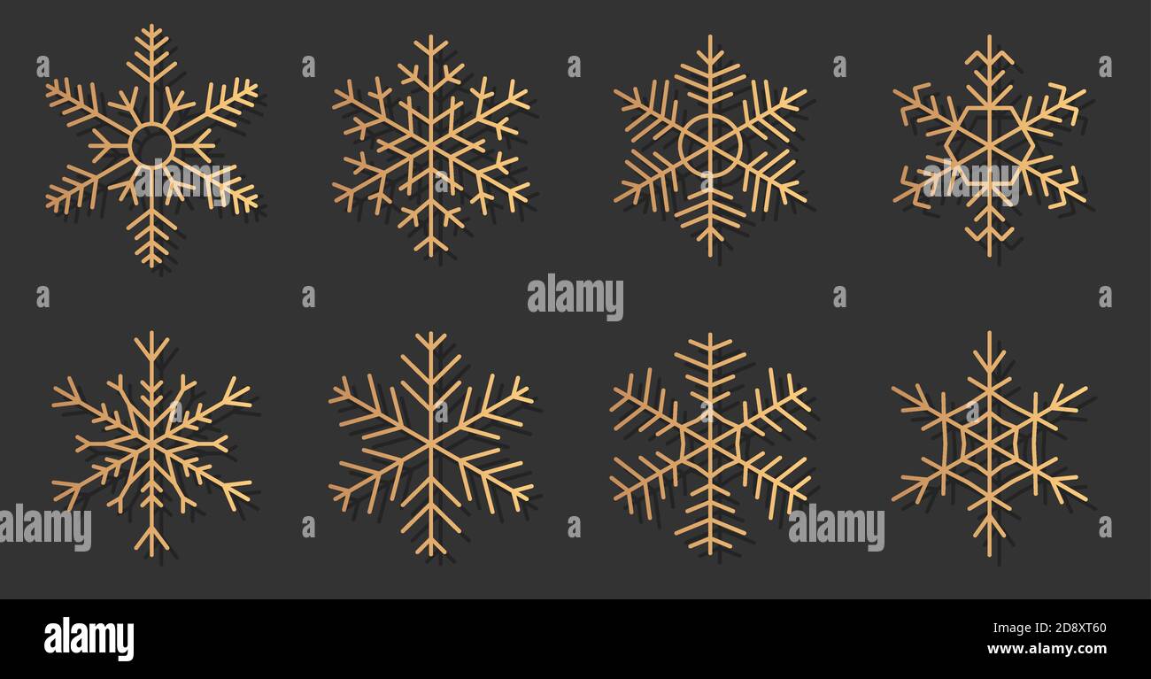 Elegant silhouettes of gold snowflakes icons set. Decorative elements ...