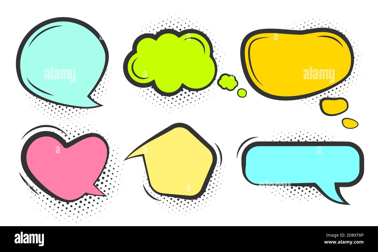 Comic speech bubble set. Different colored blank pop art line doodle ...