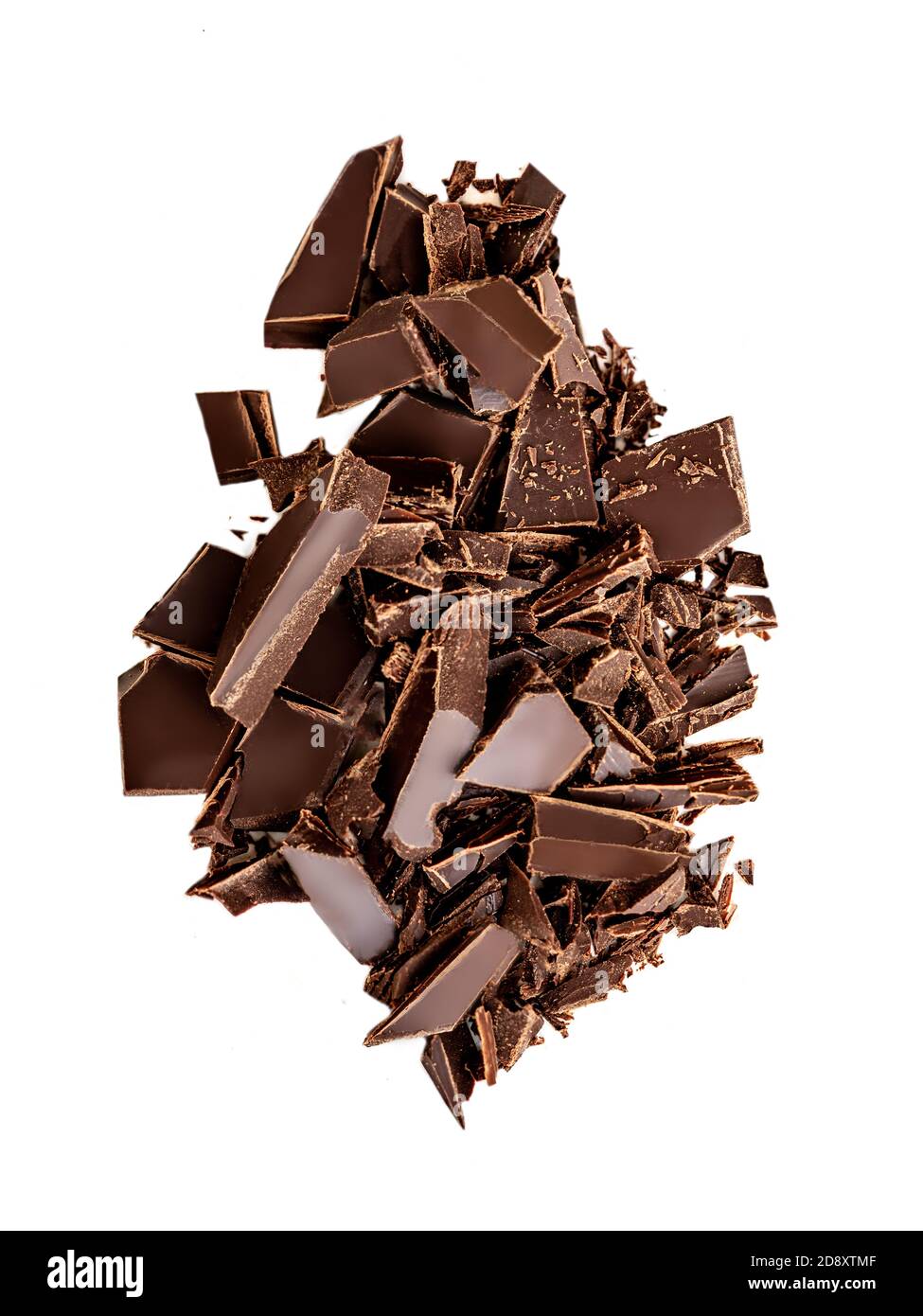Falling Chocolate pieces and shavings isolated on white background ...