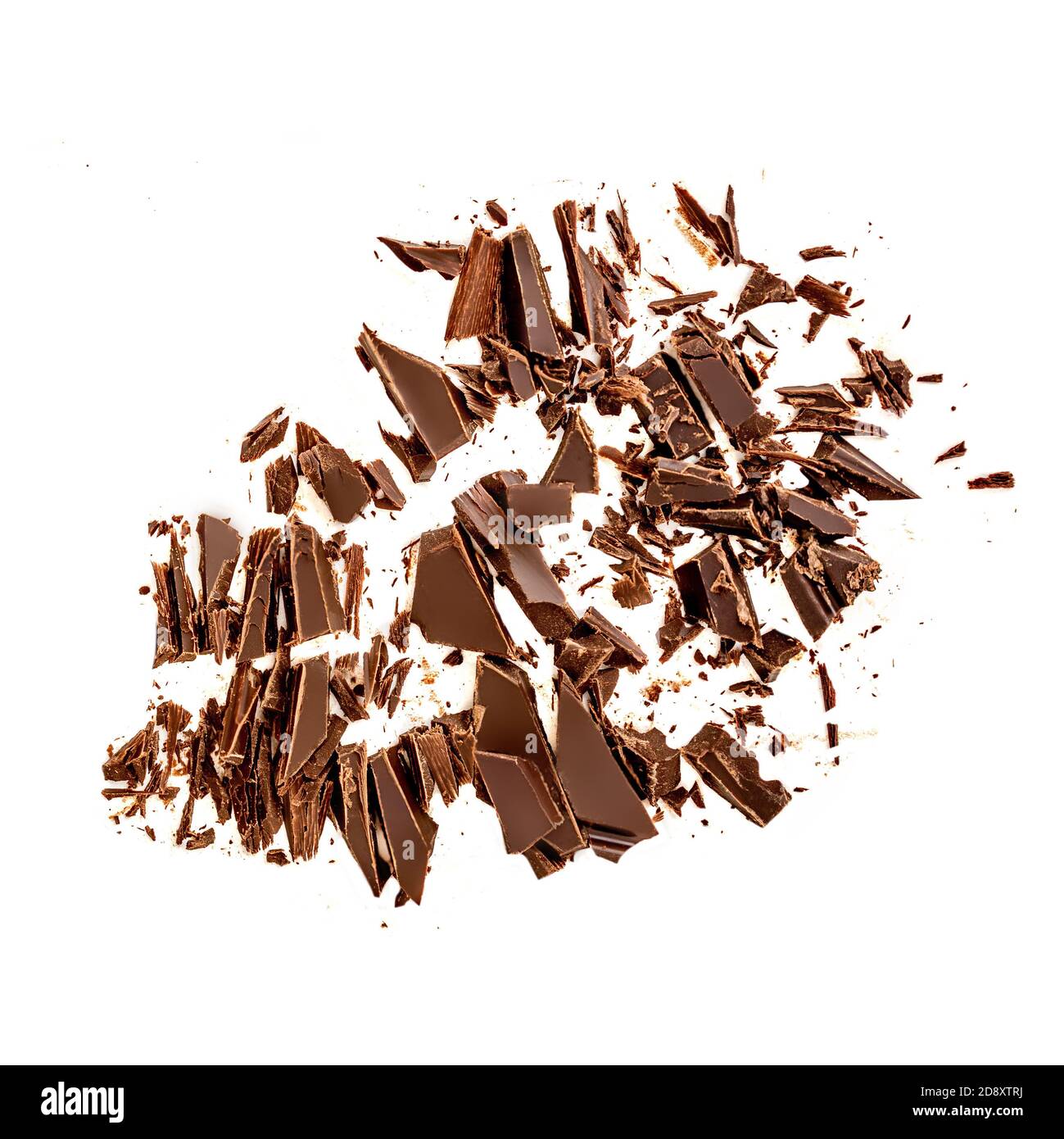 Falling Chocolate pieces and shavings isolated on white background ...