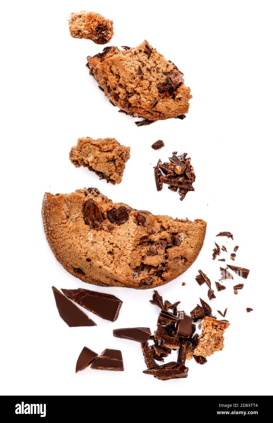 Falling Chocolate butter chip cookie isolated on white background ...