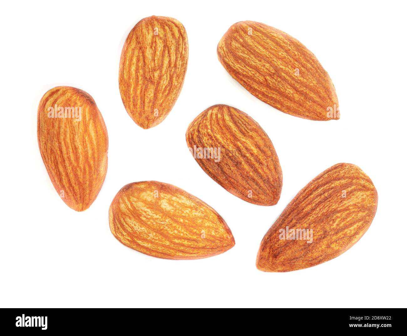 Almonds isolated. Raw Almond nuts on white background. Top view. Flat ...
