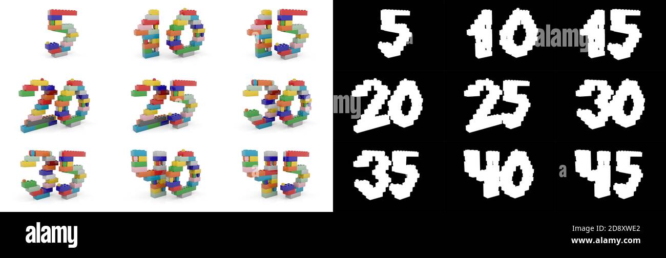 Set of numbers from five to forty-five from building bricks with alpha ...