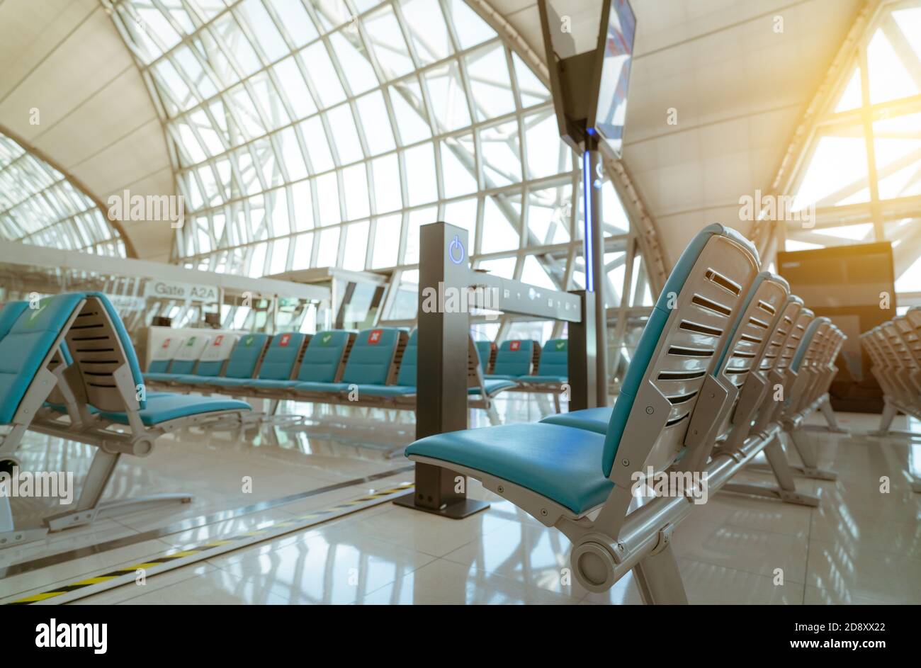 Selective focus on seat in departure lounge at airport terminal ...