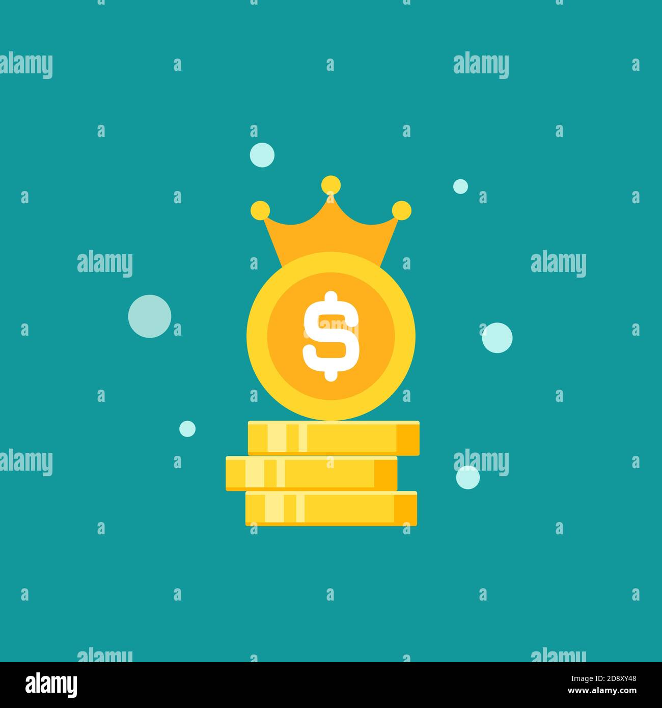 Gold dollar coin with royal crown. Flat icon isolated on blue ...