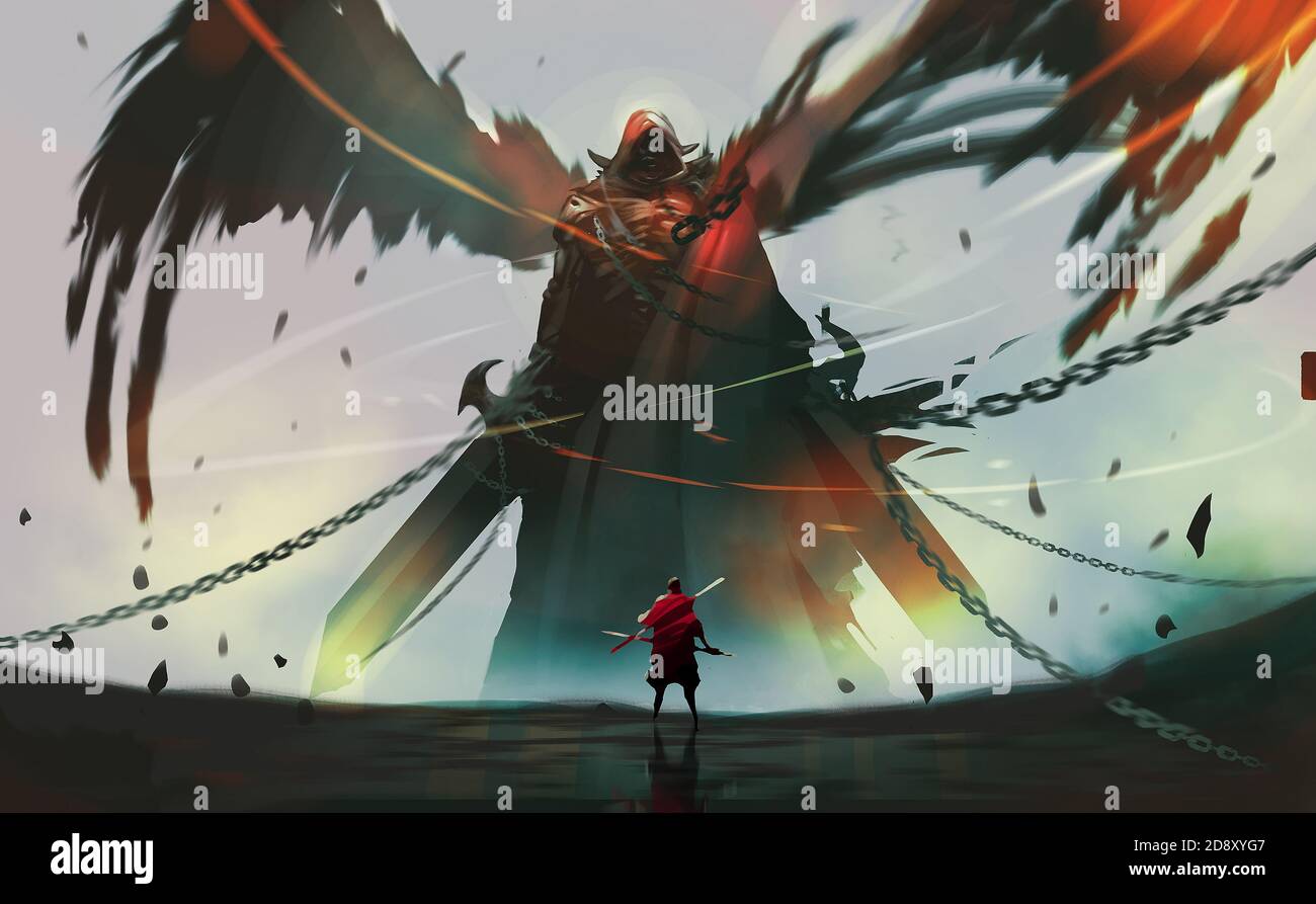 Digital illustration painting design style a knight against dark angel ...