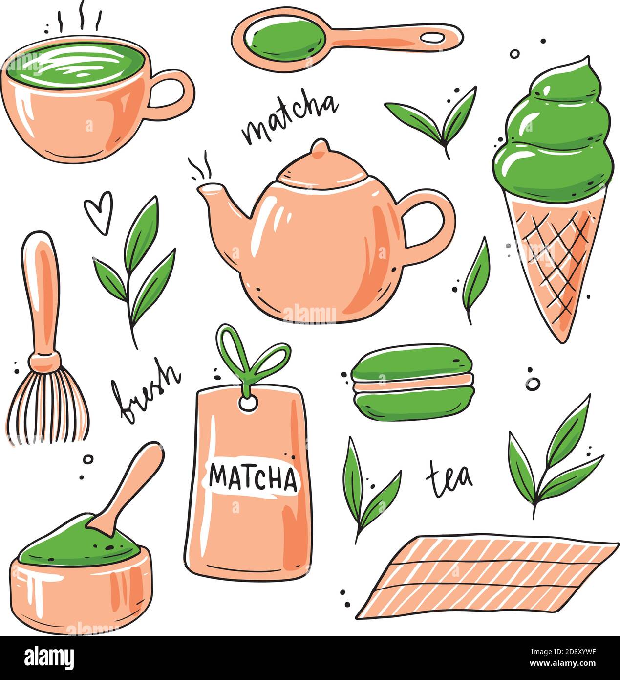 Set of hand drawn matcha tea ingredient and traditional ceremony ...