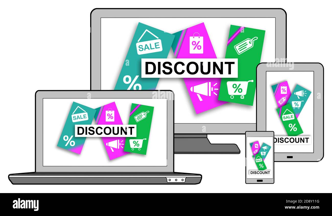 Discount concept on different devices, isolated on white Stock Photo ...