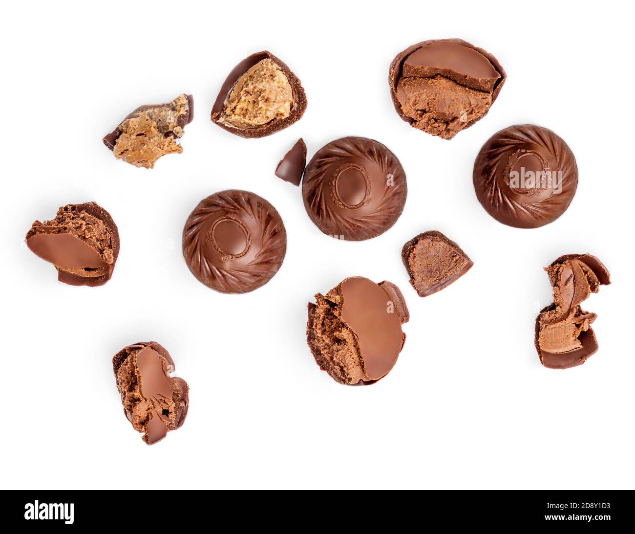 Creative layout made of Chocolate praline candies isolated on white ...