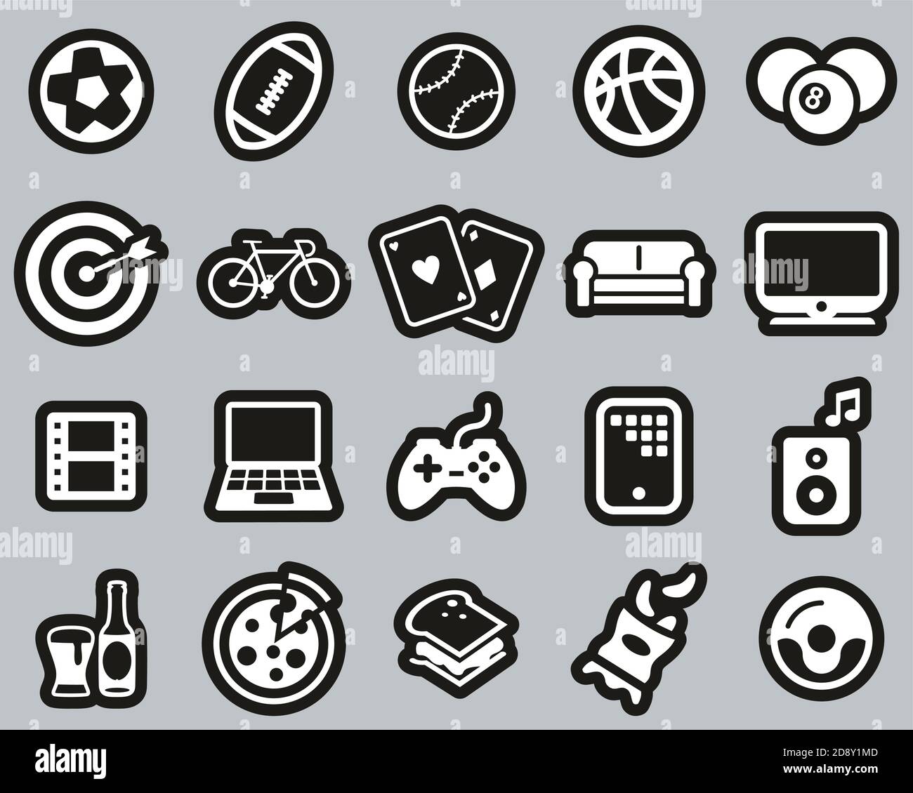 Man´s Favorite Activities Icons White On Black Sticker Line Set Big ...