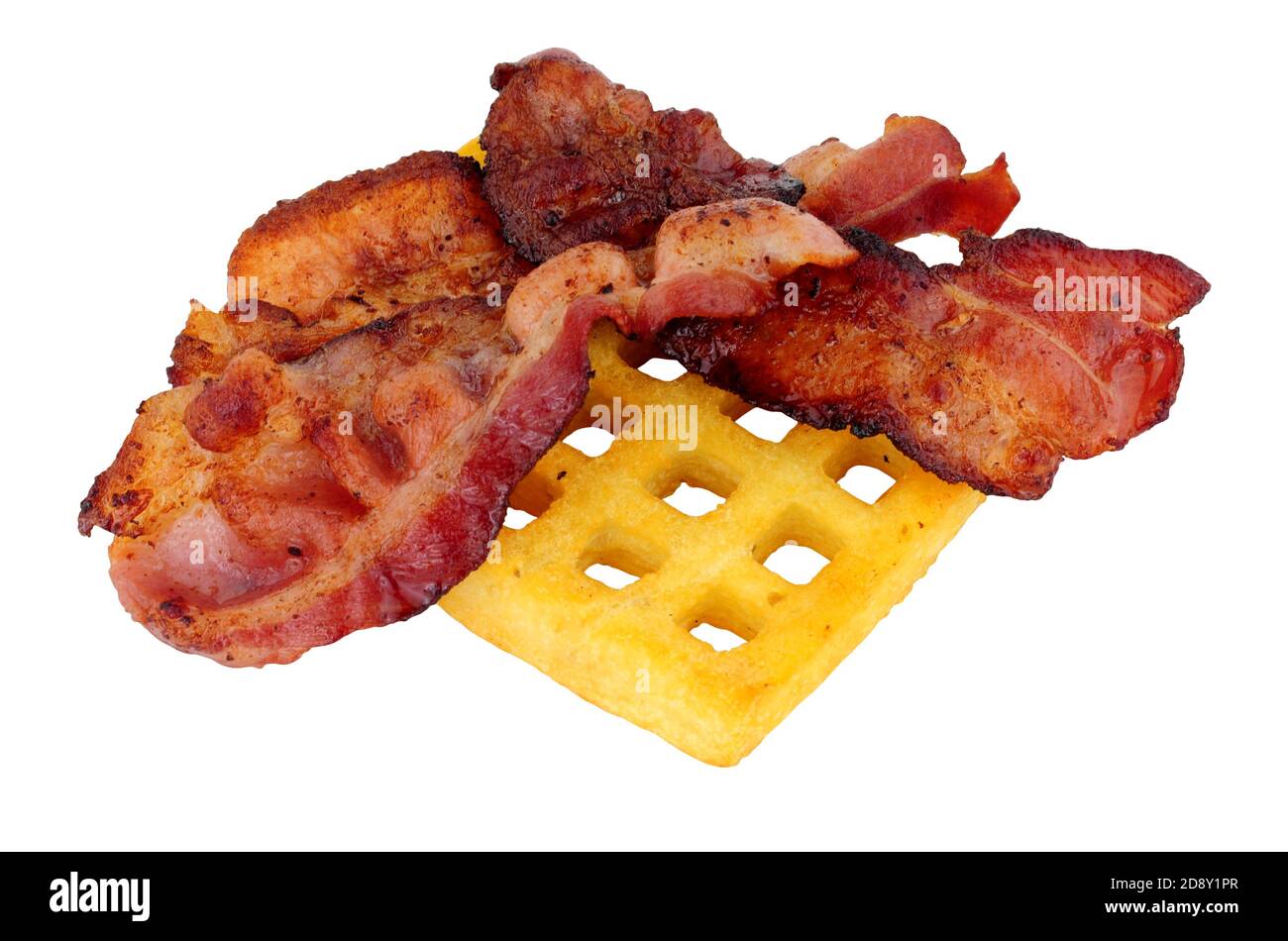 Streaky smoked bacon rashers on a grilled potato waffle isolated on a ...