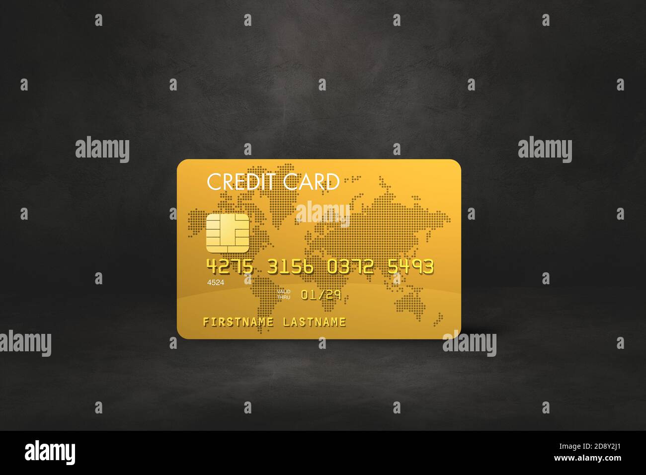 Gold credit card template on a black concrete background. 3D ...