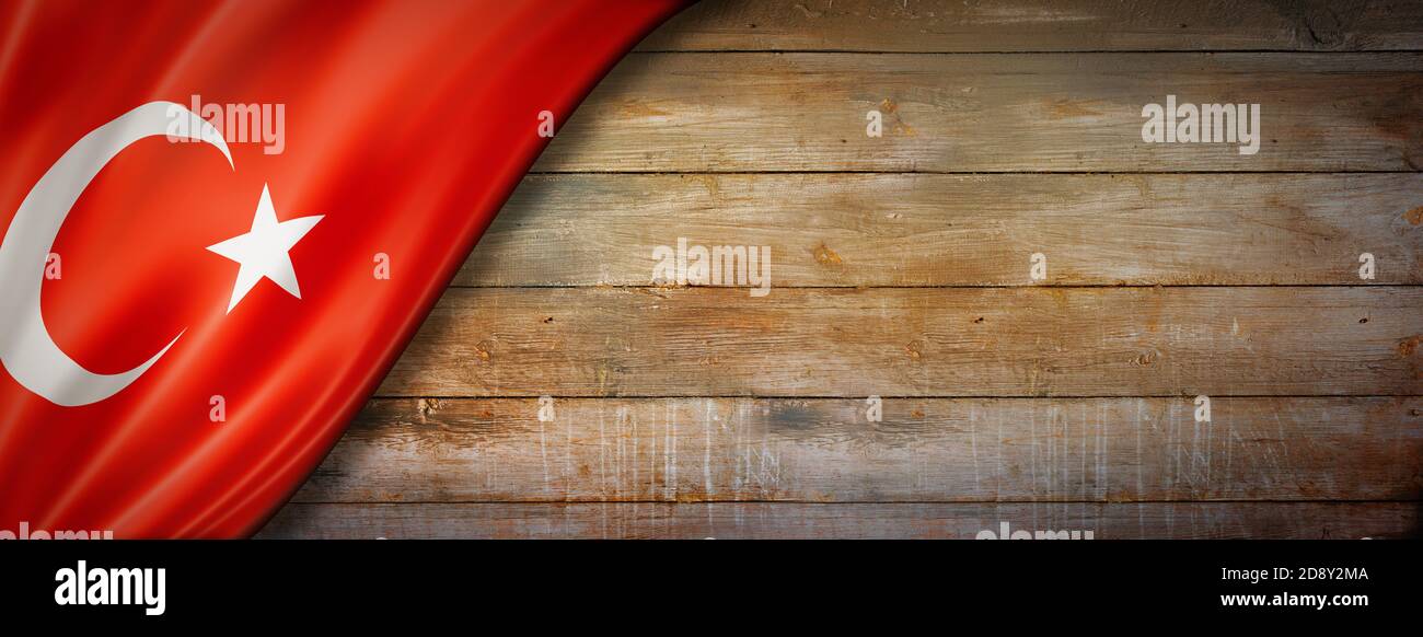 Turkey flag on vintage wood wall. Horizontal panoramic banner Stock ...