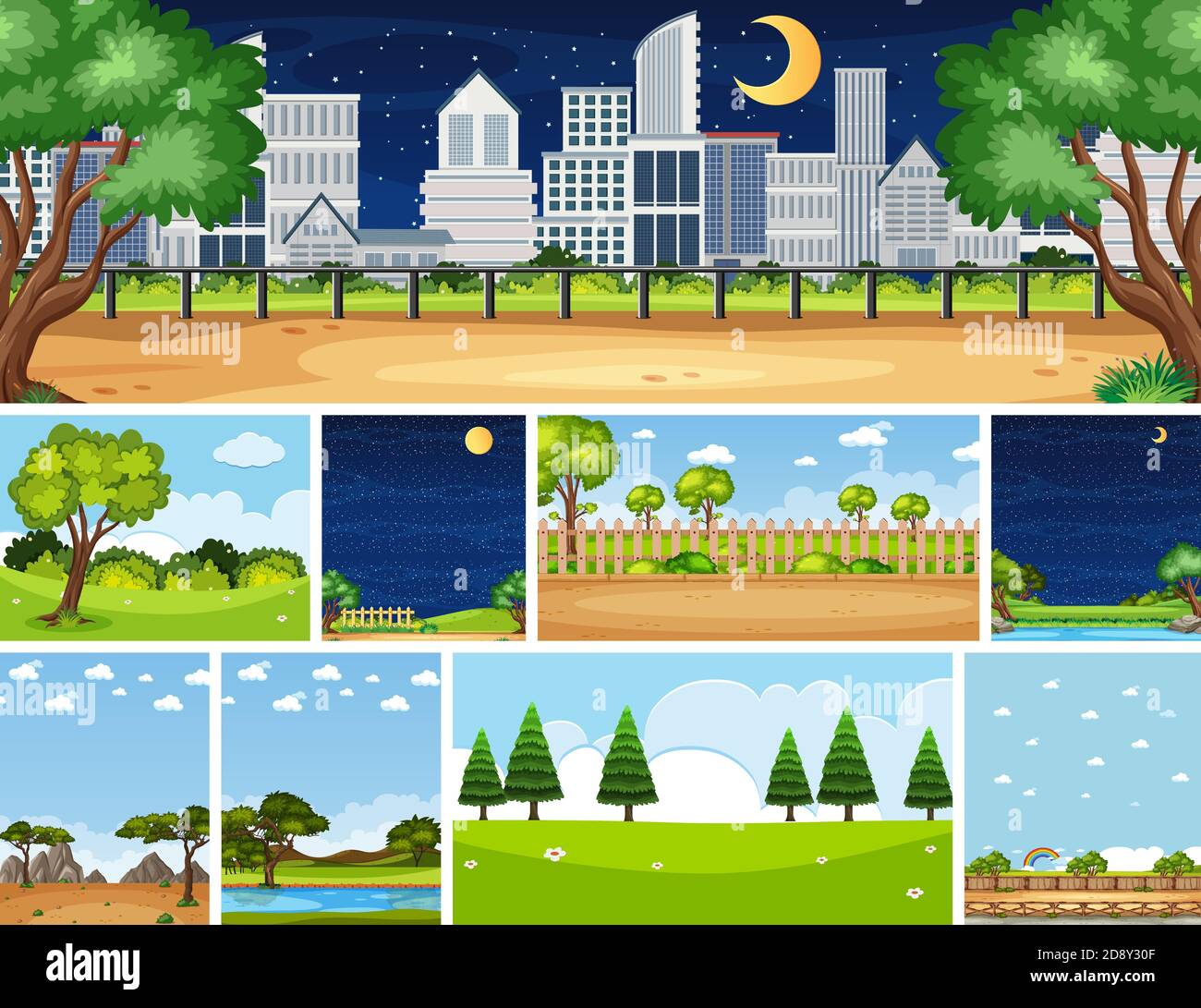 Set of different nature place scene in vertical and horizon scenes at ...