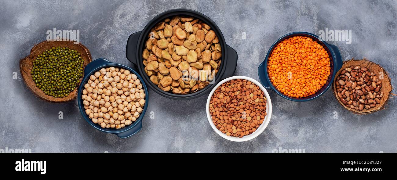 Various assortment of legumes beans, chickpeas, lentils, green peas ...