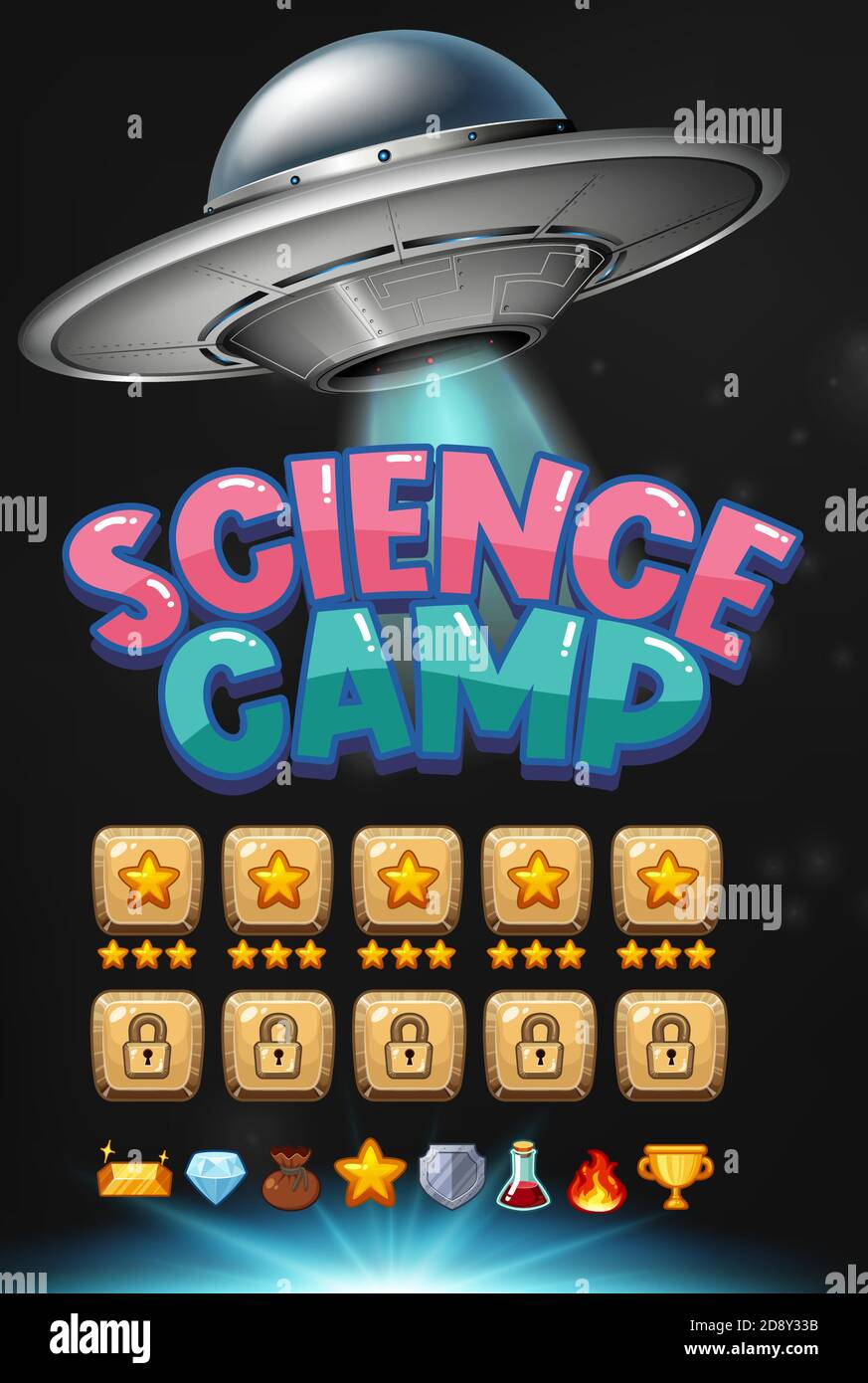 Science camp logo with ufo game background scene illustration Stock ...