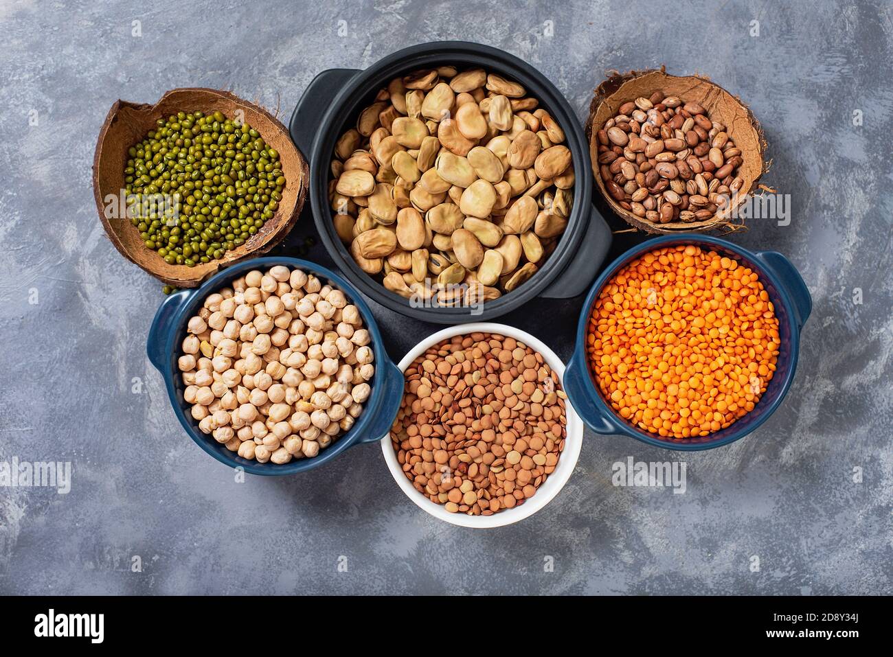 Various assortment of legumes beans, chickpeas, lentils, green peas ...